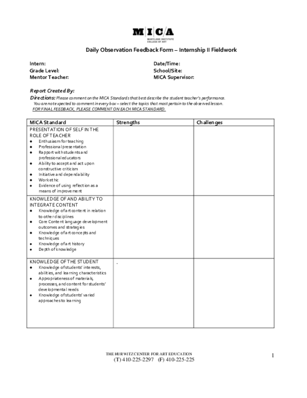 (DOC) Daily Observation Feedback Form -Internship II Fieldwork