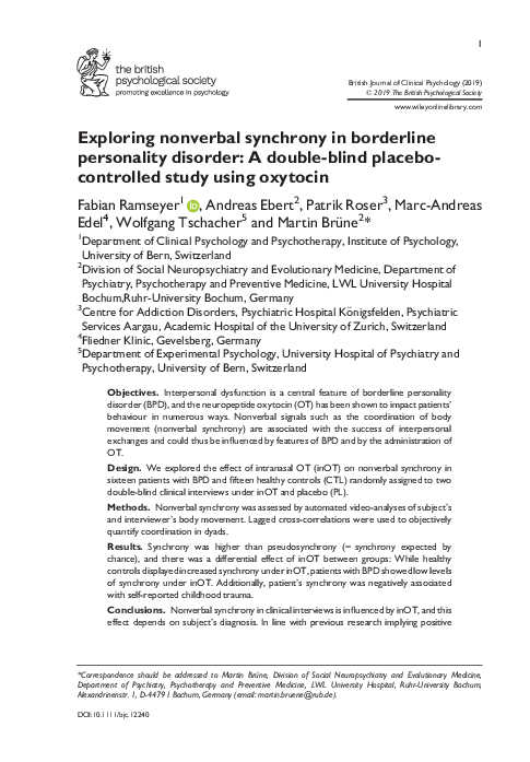 Pdf Exploring Nonverbal Synchrony In Borderline Personality Disorder A Double Blind Placebo