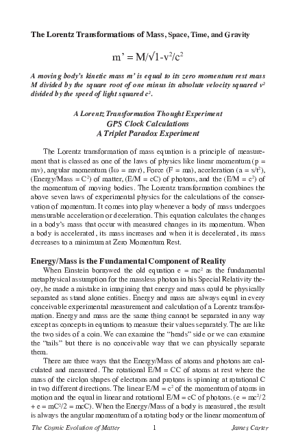 (PDF) The Lorentz Transformations of Mass, Space, Time, and Gravity New ...