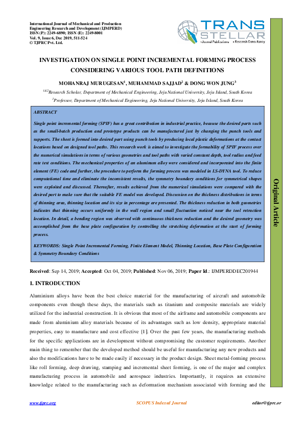 (PDF) INVESTIGATION ON SINGLE POINT INCREMENTAL FORMING PROCESS CONSIDERING VARIOUS TOOL PATH ...