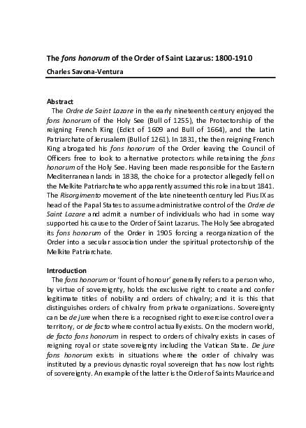 (PDF) The fons honorum of the Order of Saint Lazarus: 1800-1910