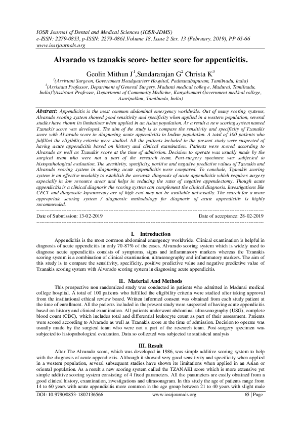 (PDF) Alvarado vs tzanakis score-better score for appenticitis