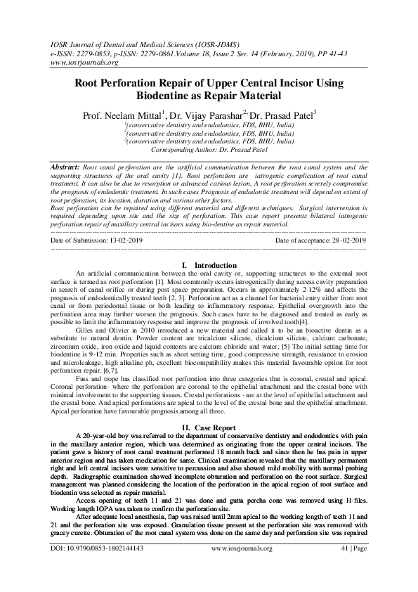 (PDF) Root Perforation Repair of Upper Central Incisor Using Biodentine ...