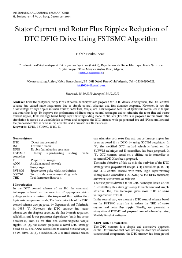 Pdf Stator Current And Rotor Flux Ripples Reduction Of Dtc Dfig Drive Using Fstsmc Algorithm
