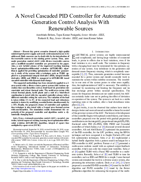 (PDF) A Novel Cascaded PID Controller for Automatic Generation Control Analysis With Renewable ...