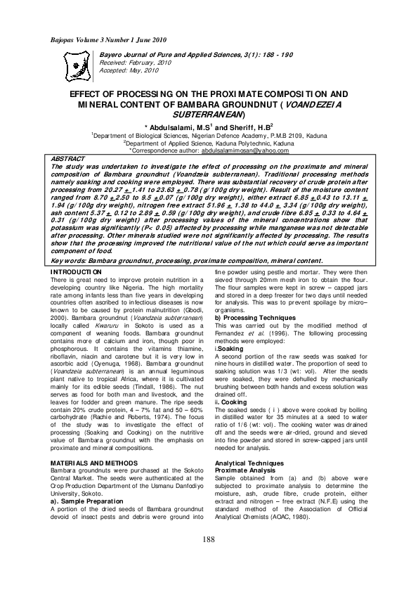 (PDF) EFFECT OF PROCESSING ON THE PROXIMATE COMPOSITION AND MINERAL CONTENT OF BAMBARA GROUNDNUT ...