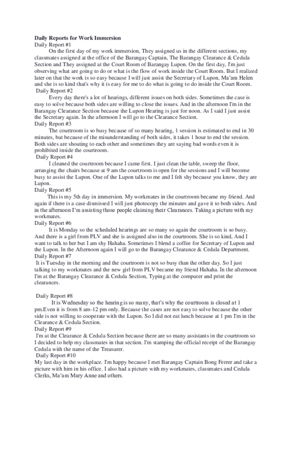 (DOC) Daily Reports for Work Immersion