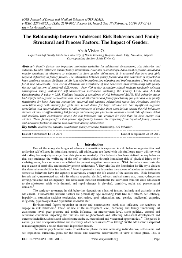 (PDF) The Relationship between Adolescent Risk Behaviors and Family ...