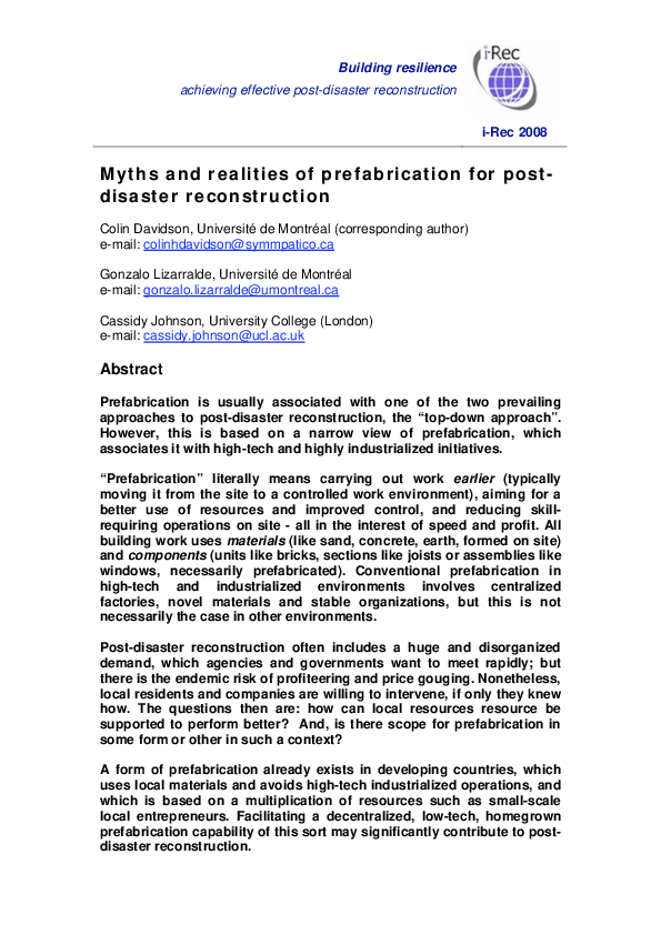 (PDF) Myths and realities of prefabrication for post-disaster ...