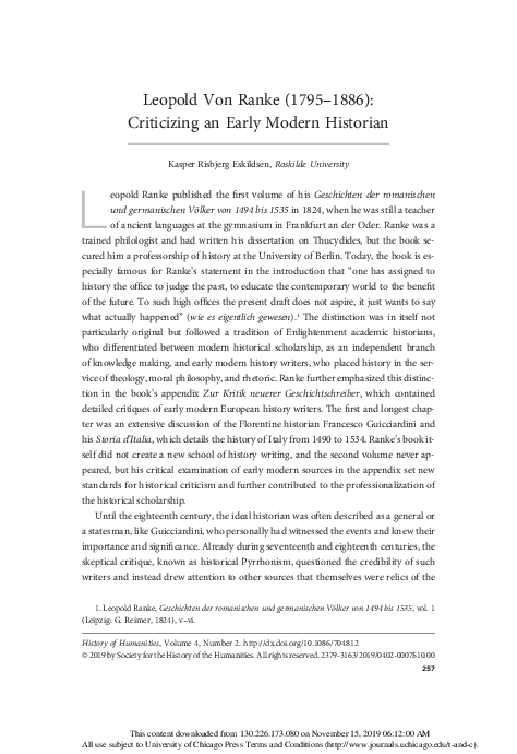 (PDF) Leopold Von Ranke (1795–1886): Criticizing an Early Modern Historian