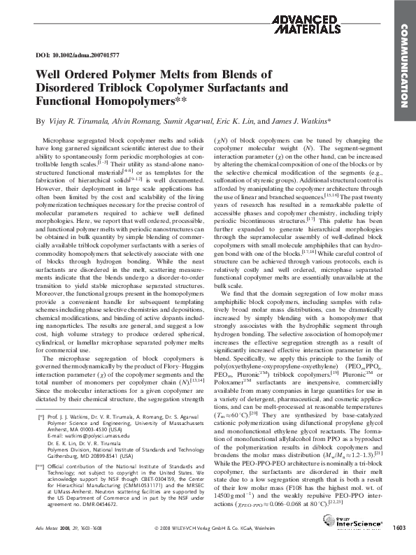 (PDF) Well Ordered Polymer Melts from Blends of Disordered Triblock ...