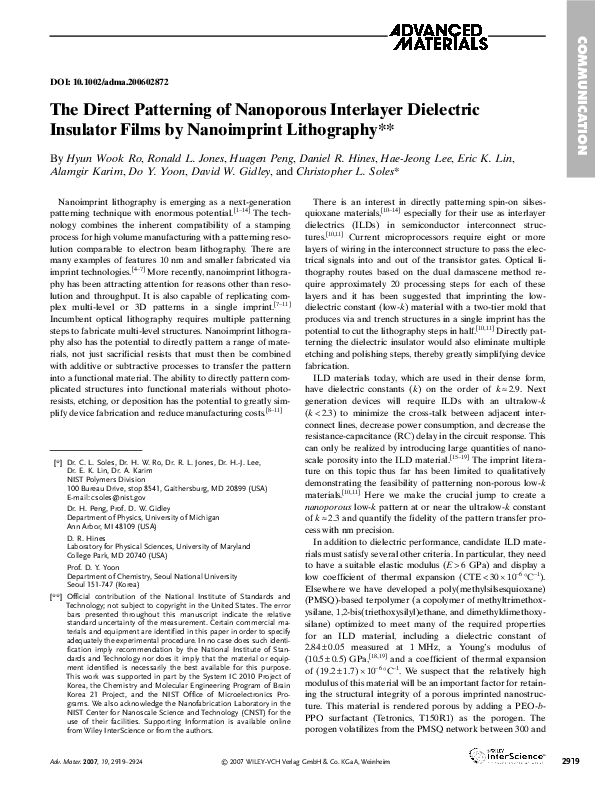 (PDF) The Direct Patterning of Nanoporous Interlayer Dielectric Insulator Films by Nanoimprint ...