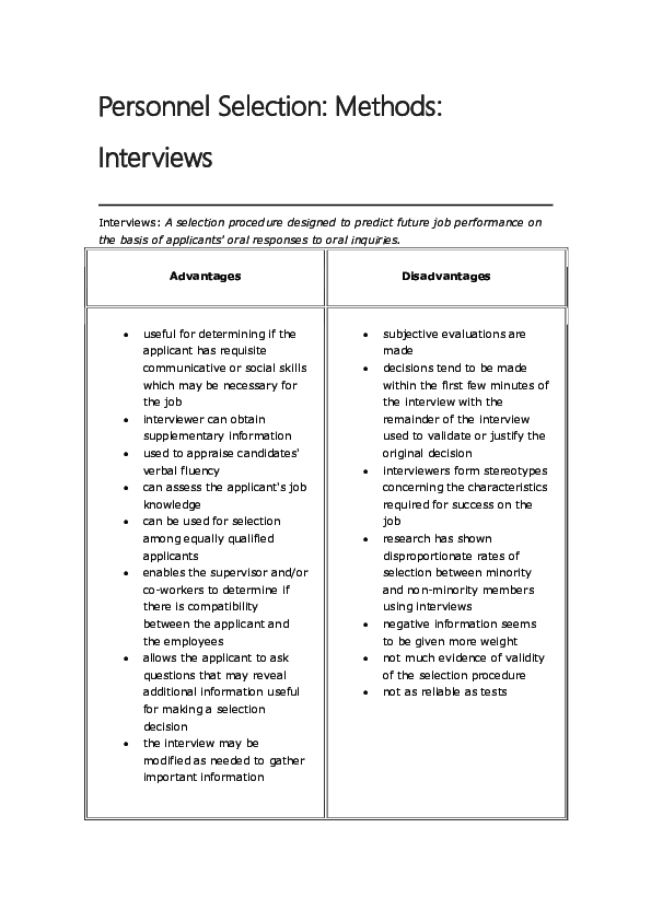 (DOC) Personnel Selection: Methods: Interviews