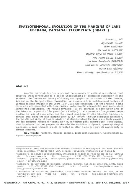 (PDF) SPATIOTEMPORAL EVOLUTION OF THE MARGINS OF LAKE UBERABA, PANTANAL ...