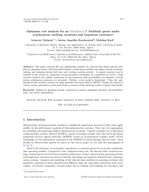 (PDF) Optimum cost analysis for an Geo/Geo/c/N feedback queue under synchronous working ...