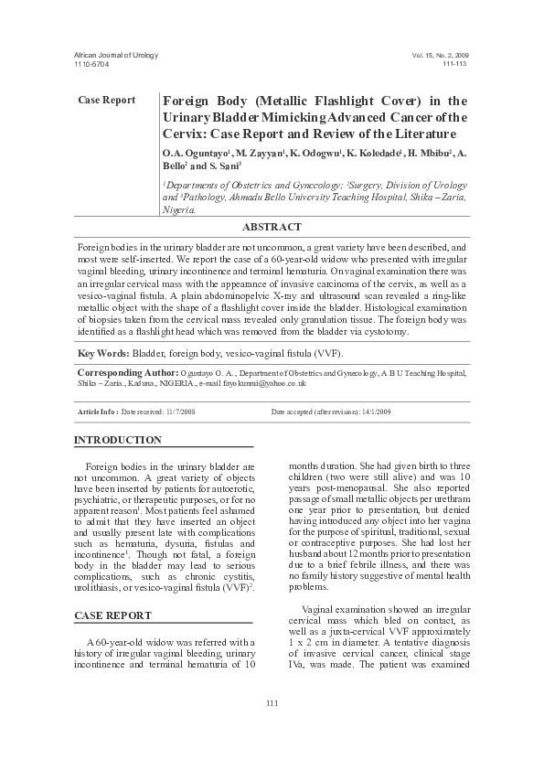 (PDF) Foreign body (Metallic flashlight cover) in the urinary bladder mimicking advanced cancer ...
