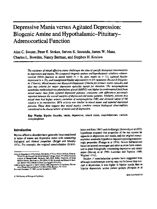(PDF) Depressive mania versus agitated depression: Biogenic amine and ...