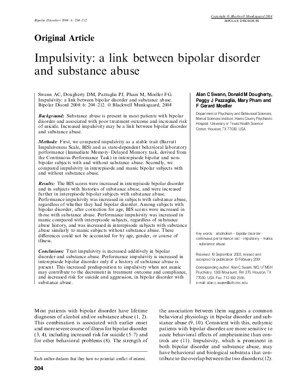 (PDF) Impulsivity: a link between bipolar disorder and substance abuse