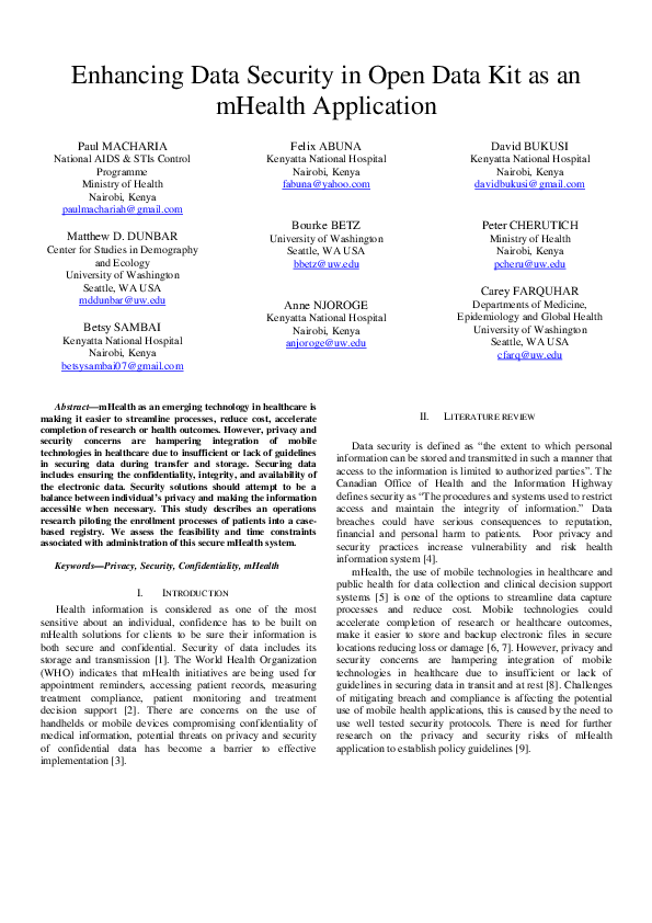 (PDF) Enhancing Data Security in Open Data Kit as an mHealth Application (PDF) Enhancing Data Security in Open Data Kit as an mHealth Application