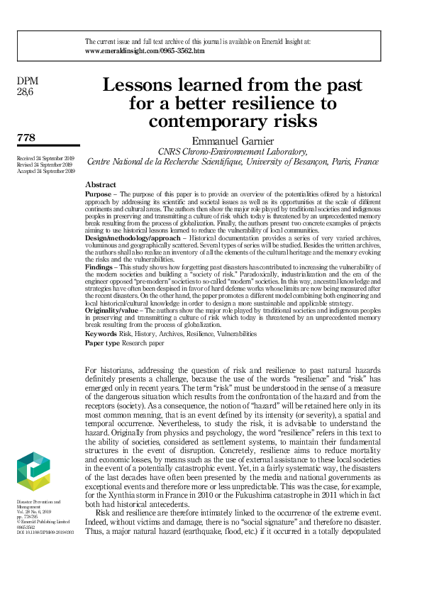 (PDF) Lessons learned from the past for a better resilience to ...