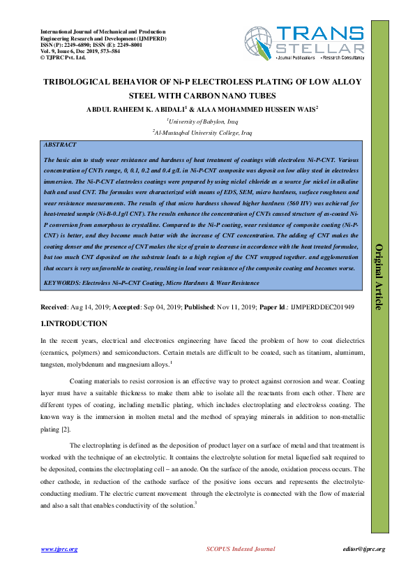 (PDF) TRIBOLOGICAL BEHAVIOR OF Ni-P ELECTROLESS PLATING OF LOW ALLOY STEEL WITH CARBON NANO TUBES