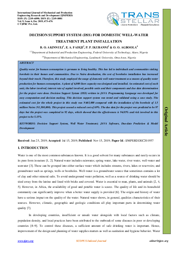 (PDF) DECISION SUPPORT SYSTEM (DSS) FOR DOMESTIC WELL-WATER TREATMENT ...