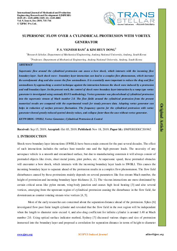 (PDF) SUPERSONIC FLOW OVER A CYLINDRICAL PROTRUSION WITH VORTEX GENERATOR