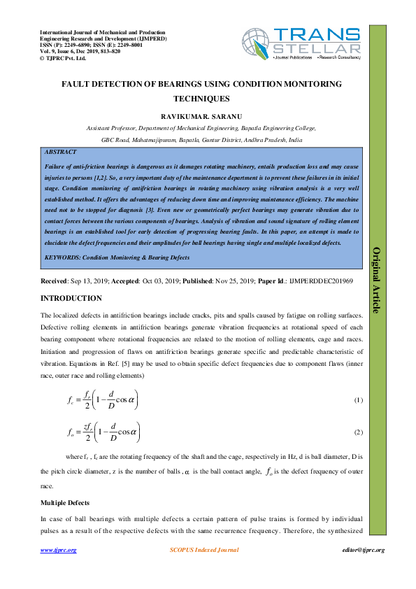 Pdf Fault Detection Of Bearings Using Condition Monitoring Techniques