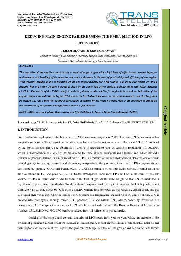 (PDF) REDUCING MAIN ENGINE FAILURE USING THE FMEA METHOD IN LPG REFINERIES