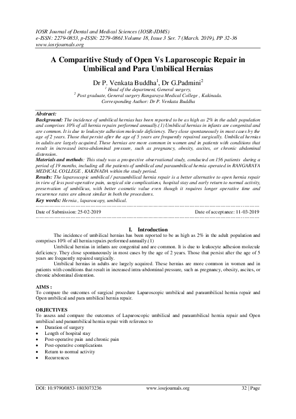 (PDF) A Comparitive Study of Open Vs Laparoscopic Repair in Umbilical and Para Umbilical Hernias