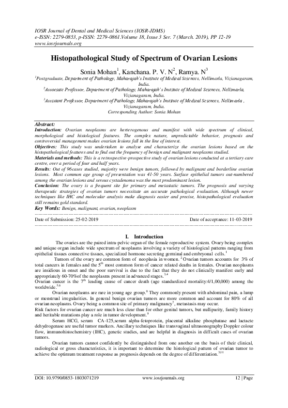 (PDF) Histopathological Study of Spectrum of Ovarian Lesions