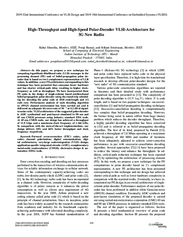 Pdf High Throughput And High Speed Polar Decoder Vlsi Architecture For 5g New Radio