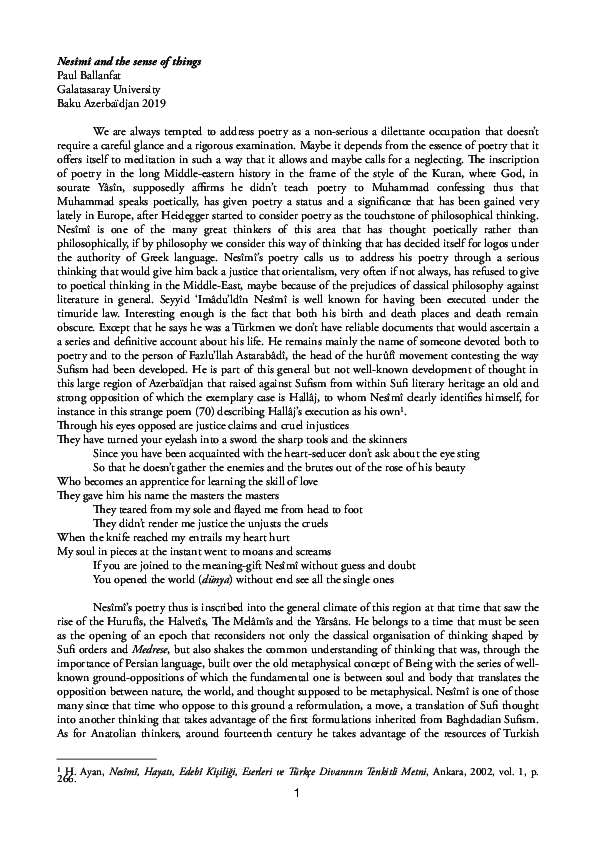 (PDF) Nesîmî and the sense of things