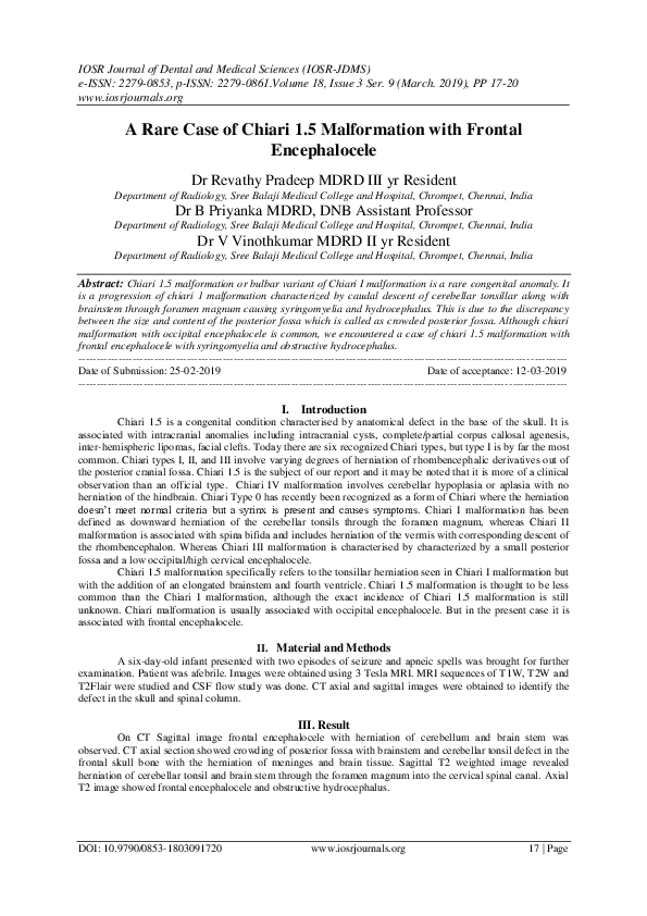 (PDF) A Rare Case of Chiari 1.5 Malformation with Frontal Encephalocele