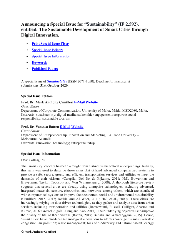 (PDF) Announcing a Special Issue for "Sustainability" (IF 2.592 ...