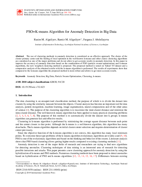 (PDF) PSO+K-means Algorithm for Anomaly Detection in Big Data