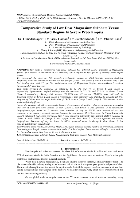 (PDF) Comparative Study of Low Dose Magnesium Sulphate Versus Standard ...