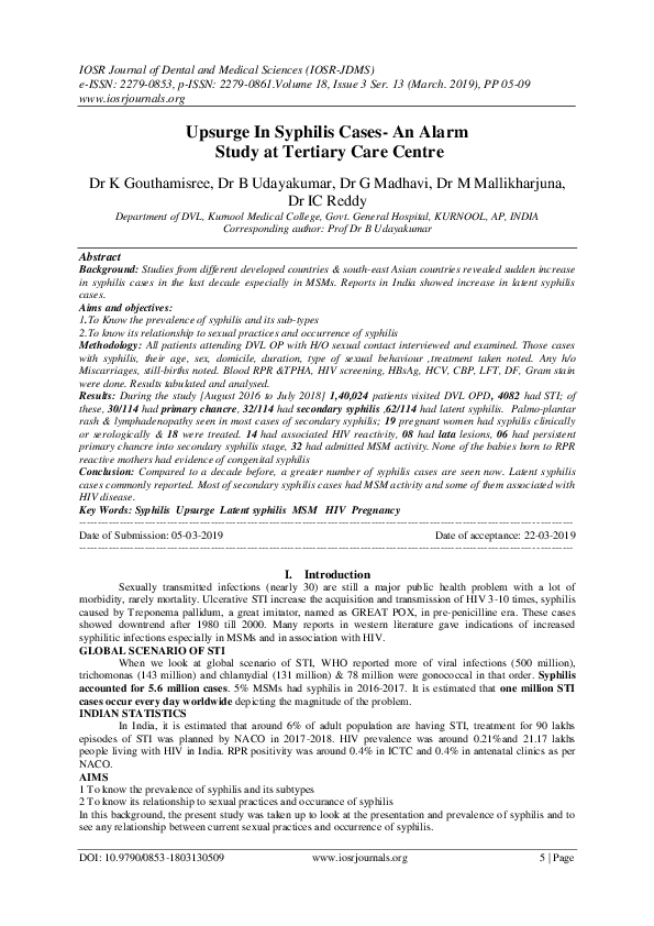 (PDF) Upsurge In Syphilis Cases- An Alarm Study at Tertiary Care Centre