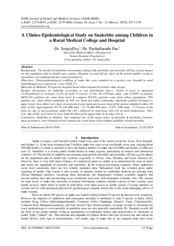 (PDF) A Clinico-Epidemiological Study on Snakebite among Children in a ...