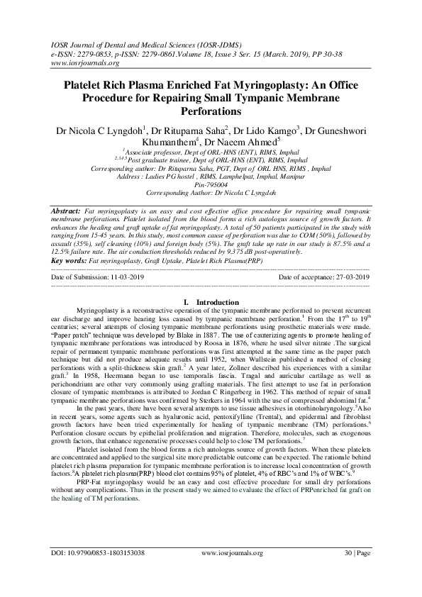 (PDF) Platelet Rich Plasma Enriched Fat Myringoplasty: An Office ...