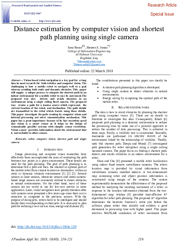 Pdf Distance Estimation By Computer Vision And Shortest Path Planning Using Single Camera