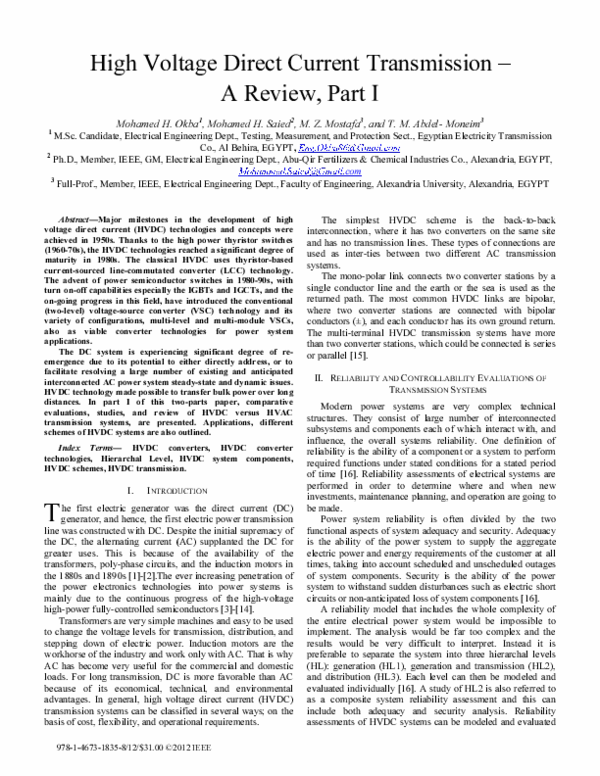 (PDF) High Voltage Direct Current Transmission A Review, Part I