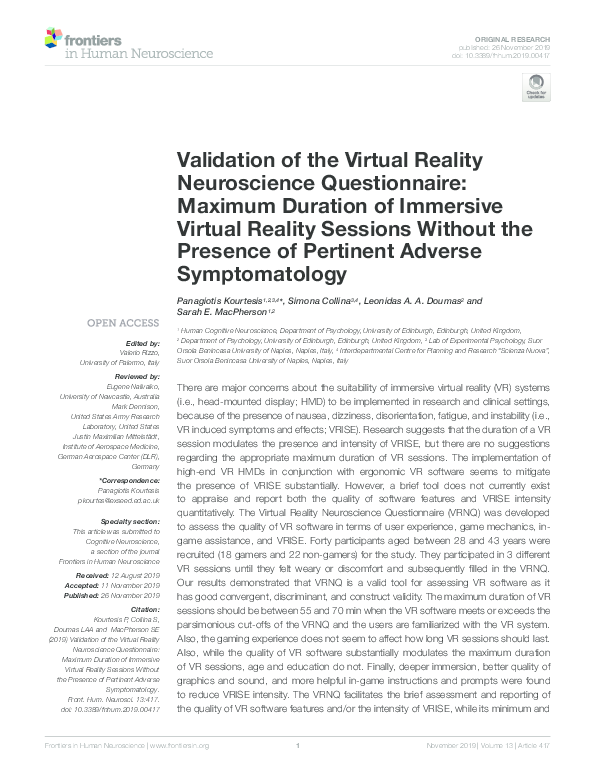 (PDF) Validation of the Virtual Reality Neuroscience Questionnaire: Maximum Duration of ...