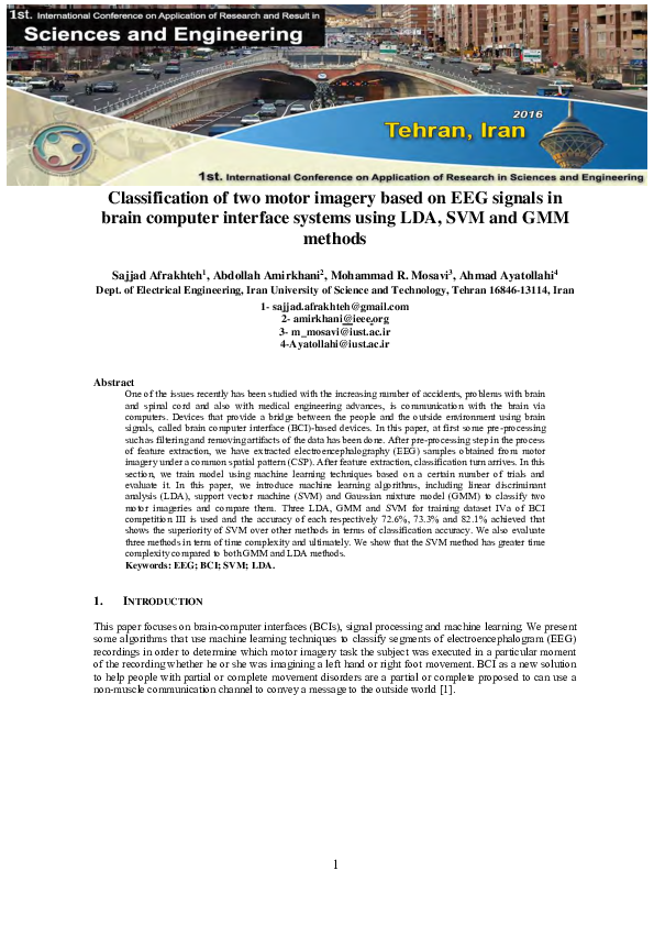 Pdf Classification Of Two Motor Imagery Based On Eeg Signals In Brain Computer Interface