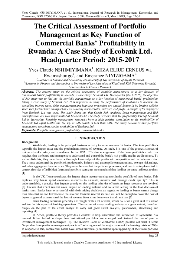 (PDF) The Critical Assessment of Portfolio Management as Key Function of Commercial Banks ...