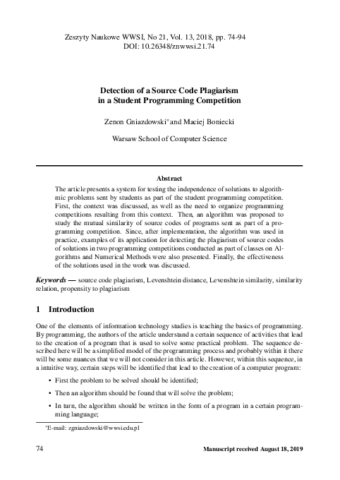 (PDF) Detection of a Source Code Plagiarism in a Student Programming Competition