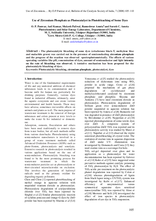 (PDF) Use of zirconium phosphate as photocatalyst in photobleaching of some dyes | ANIL KUMAR H ...