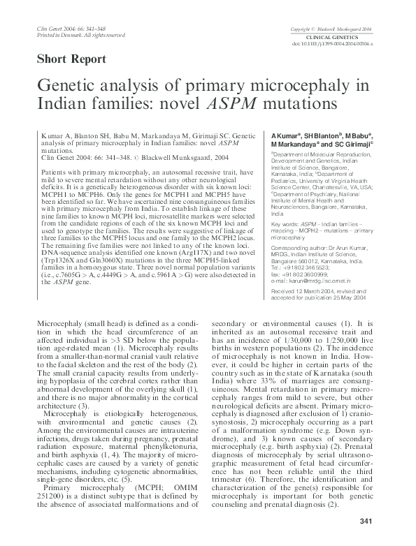 (PDF) Genetic analysis of primary microcephaly in Indian families ...