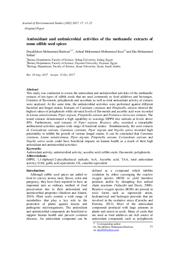 (PDF) Antioxidant and antimicrobial activities of the methanolic extracts of some edible seed spices