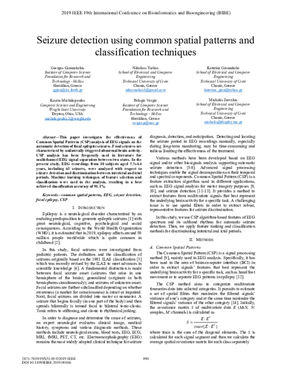 (PDF) Seizure detection using common spatial patterns and classification techniques